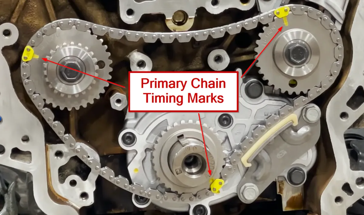 Install the primary chain guides and tensioner, torque bolts to 18 ft ...