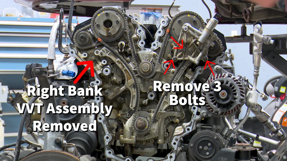 Remove the 2 timing chain tensioner bolts and remove the timing chain ...